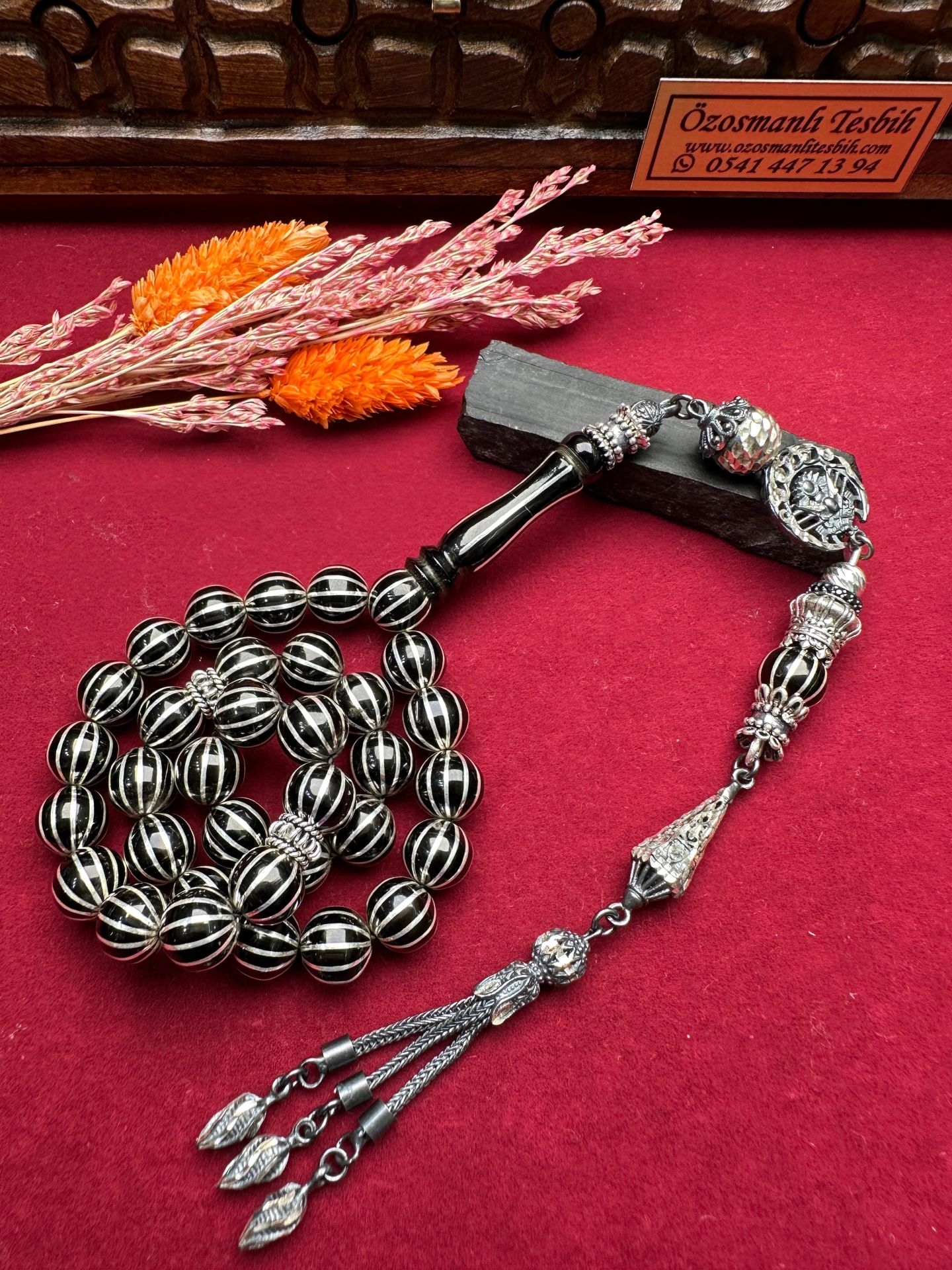 Gümüş Yarma İşlemeli Erzurum Oltu Tesbih - Erzurum Oltu Taşı Tesbihler