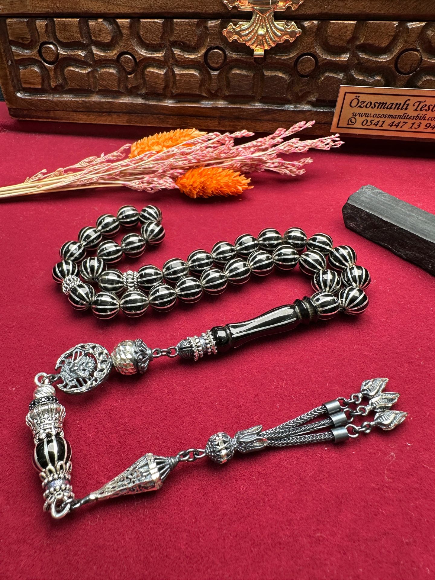 Gümüş Yarma İşlemeli Erzurum Oltu Tesbih - Erzurum Oltu Taşı Tesbihler