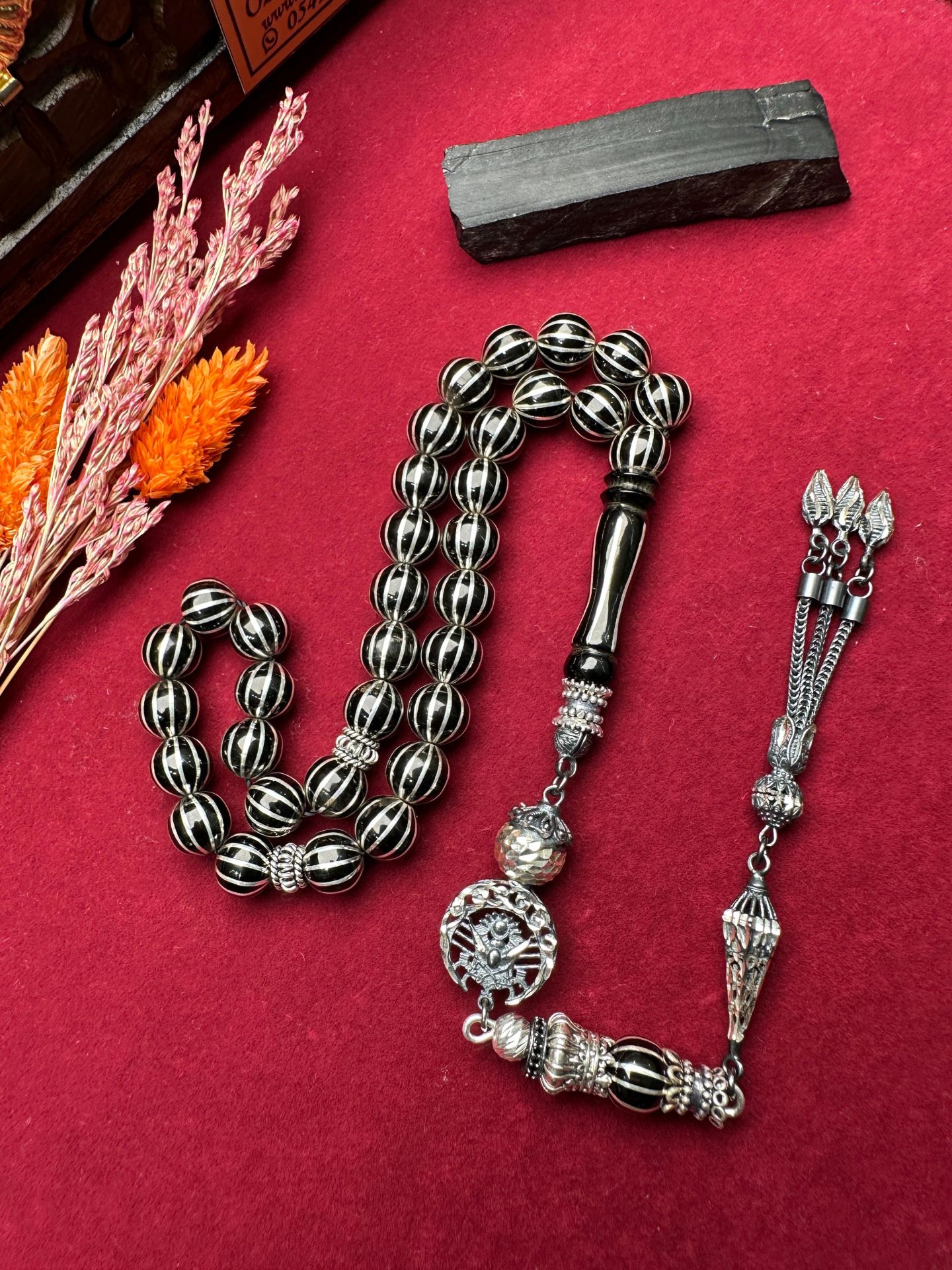 Gümüş Yarma İşlemeli Erzurum Oltu Tesbih - Erzurum Oltu Taşı Tesbihler