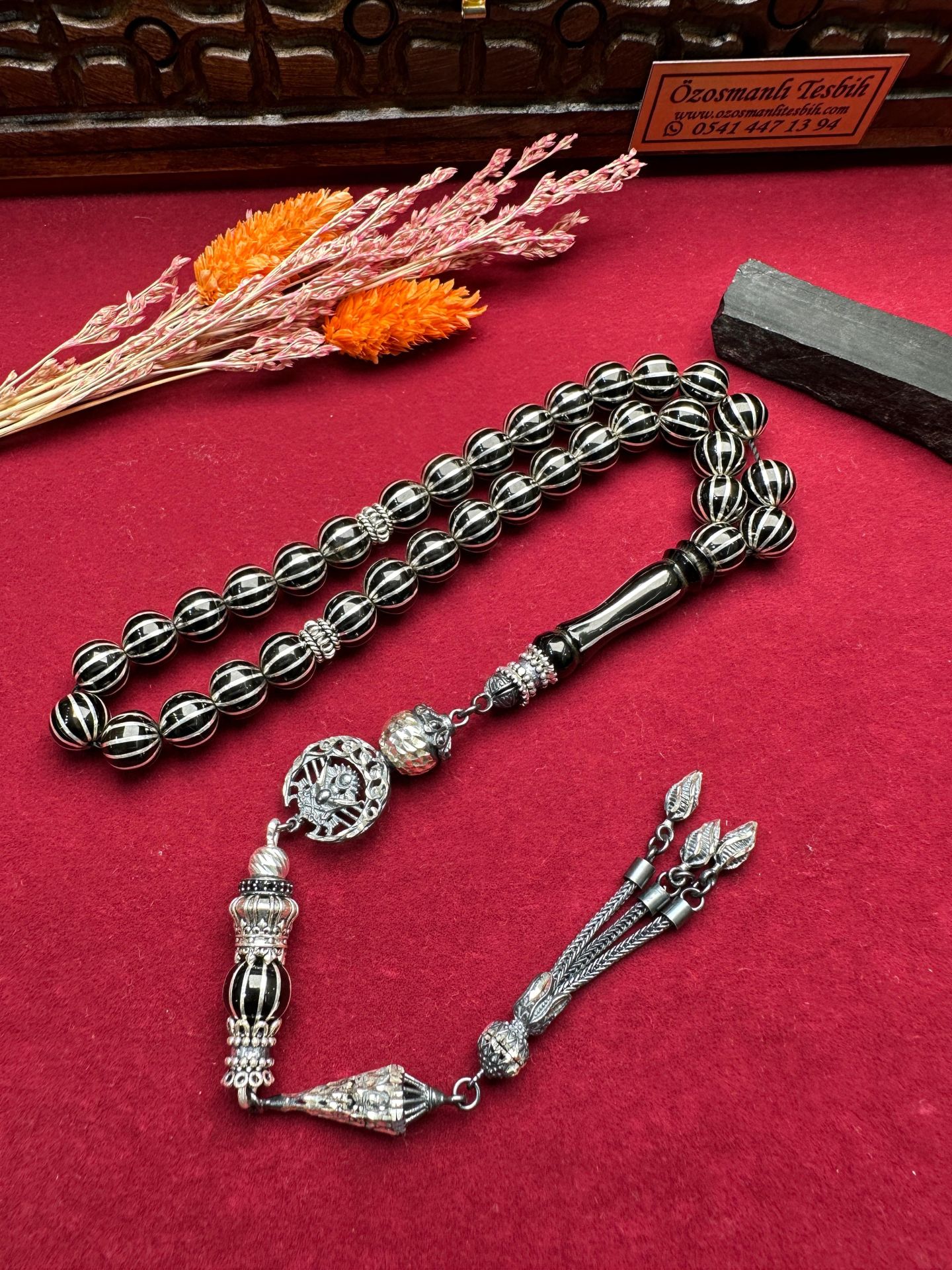 Gümüş Yarma İşlemeli Erzurum Oltu Tesbih - Erzurum Oltu Taşı Tesbihler