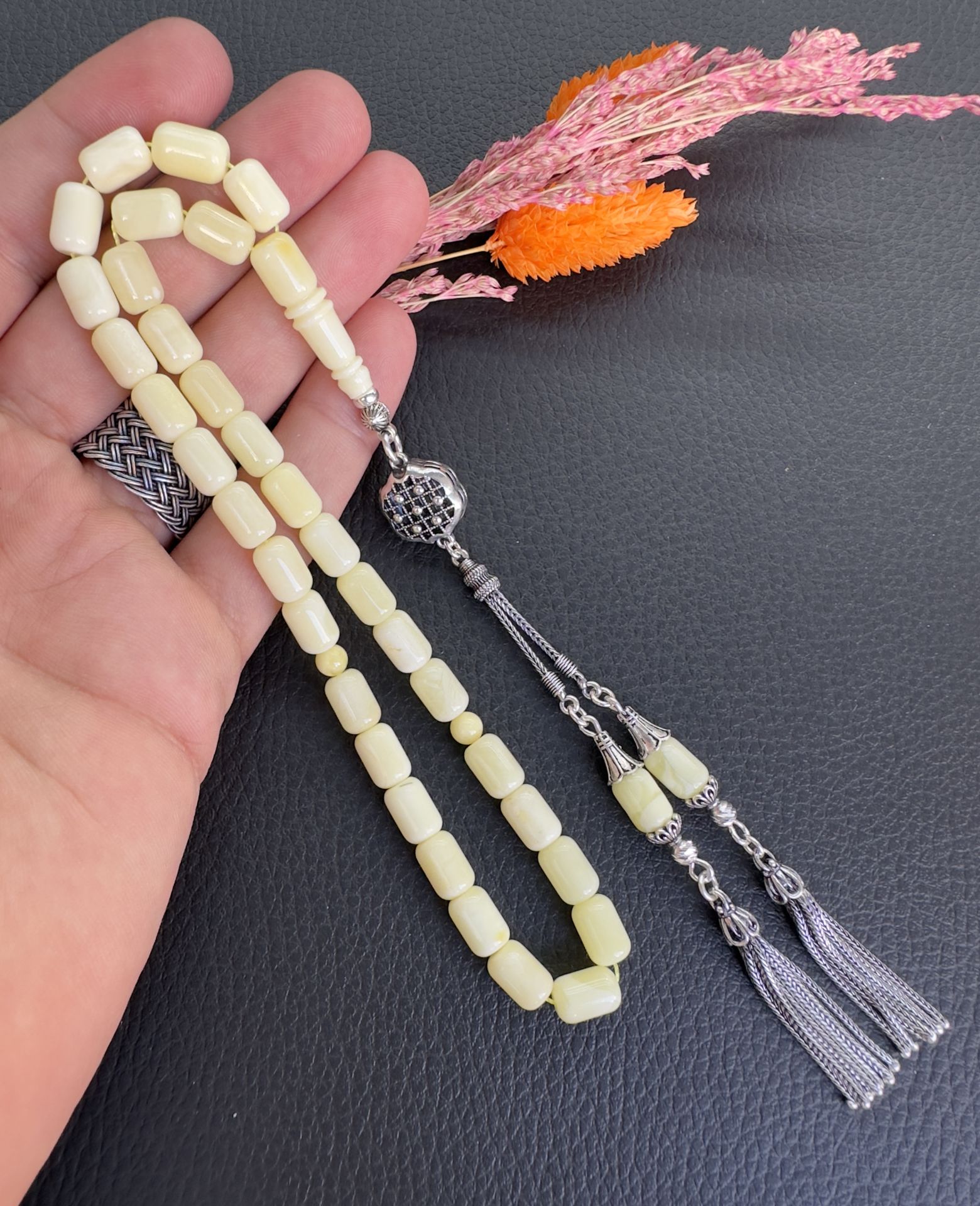 Kapsül Model Beyaz Renk Damla Kehribar Tesbih - Damla Kehribarlar