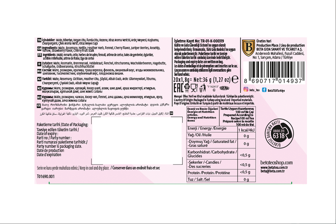 Beta Tea Kiraz Saplı Poşet Çay Welltea Reform Collection 20x1,8 gram