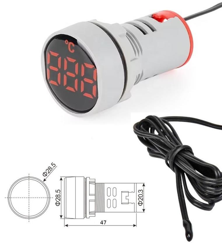 Dijital Termometre Yuvarlak Kırmızı 22mm 220v AD101-22TM 1m Kablolu -20 ...