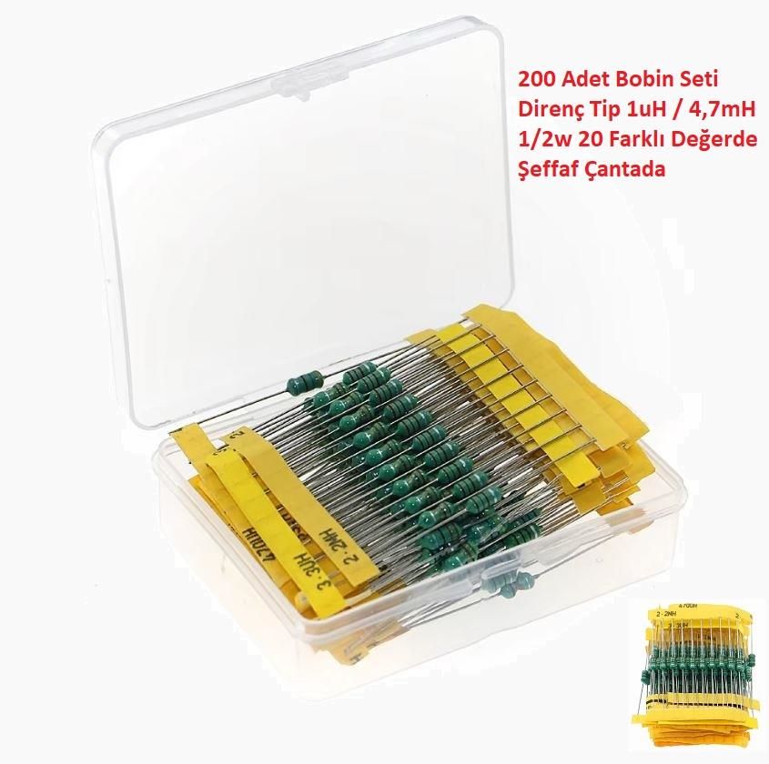 200 Adet Bobin Seti Direnç Tip 1uH / 4,7mH 1/2w 20 Farklı Değerde ...