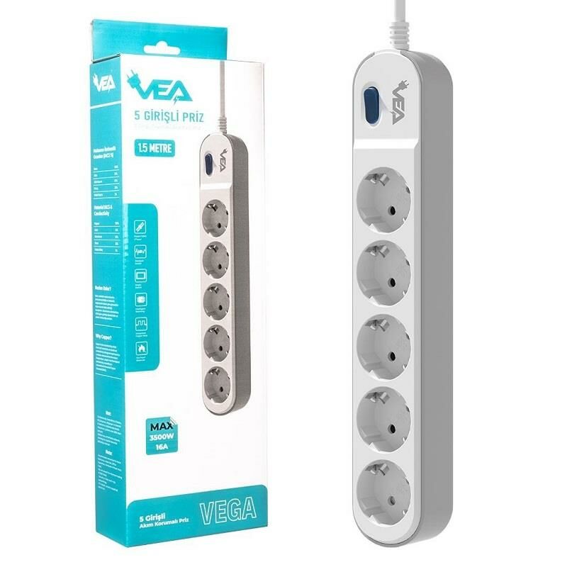 VEA VE-VEGA105 A Class Beyaz Akım Korumalı Grup Priz 5'Li 1.5 Metre ...