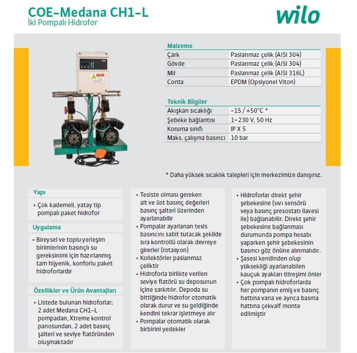WİLO, Wilo, COE2-Medana, CH1-L.407-1, 2X1.1kW, 220V, Çift, Pompalı ...