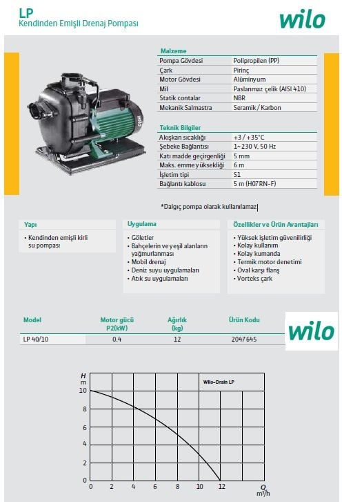 WİLO, Wilo, LP 40/10, 0.4kW, 220V, Kendinden Emişli, Kirli Su, Drenaj, Santrifüj Pompa ...