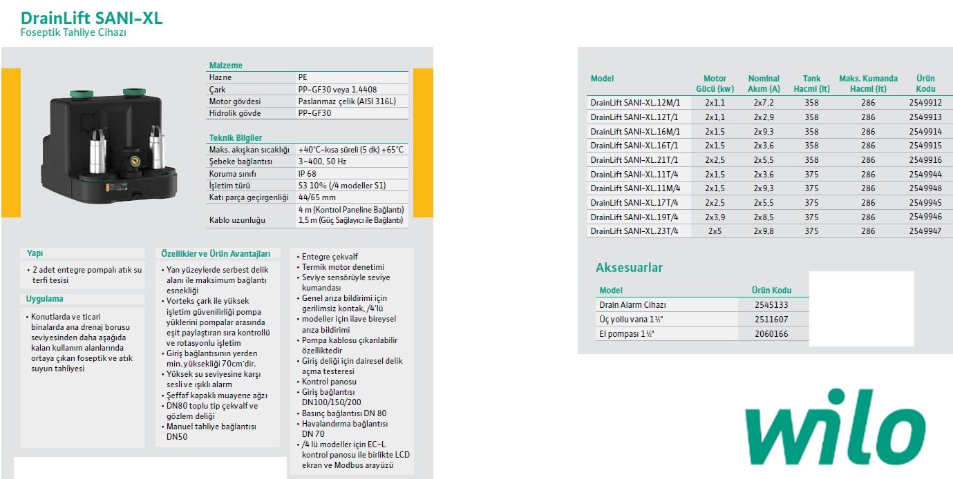 WİLO, Wilo, DrainLift, SANI-XL.21T/1, 2x2.5kW, 380V, Çift Entegre ...