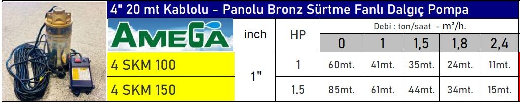 AMEGA, Amega, 4 SKM 100, 1Hp, 4'', 20, Metre, Kablolu, Panolu, Bronz ...