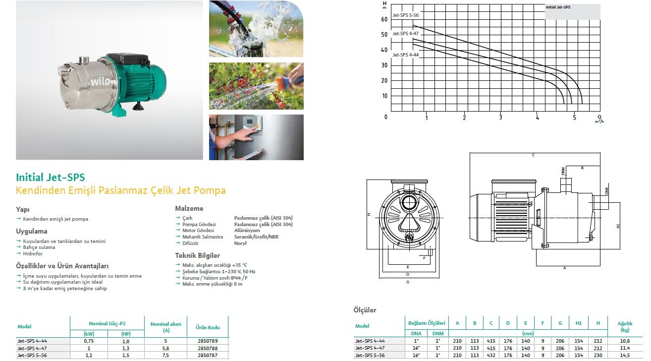 WİLO INİTİAL LİNE, Wilo, Initial, Jet-SPS, 4-47, 1.3Hp, 220V, Kendinden, Emişli, Paslanmaz ...