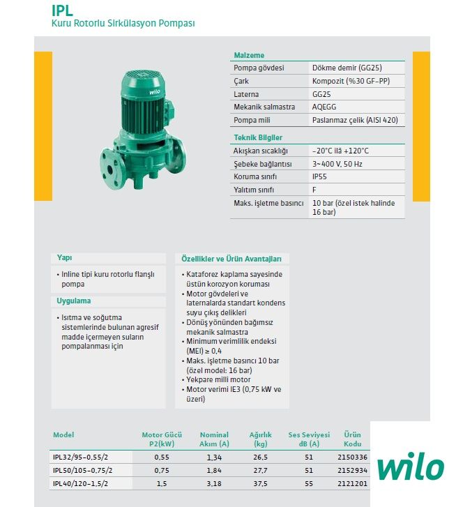 WİLO, Wilo, IPL50/105-0.75/2, 0.75kW, 380V, İnline ,Tip, Flanşlı, Kuru, Rotorlu, Sirkülasyon ...