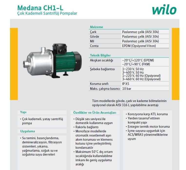 WİLO, Wilo, Medana, CH1-L.1003-1/E/A, 1.5kW, 220V, Paslanmaz, Çelik ...