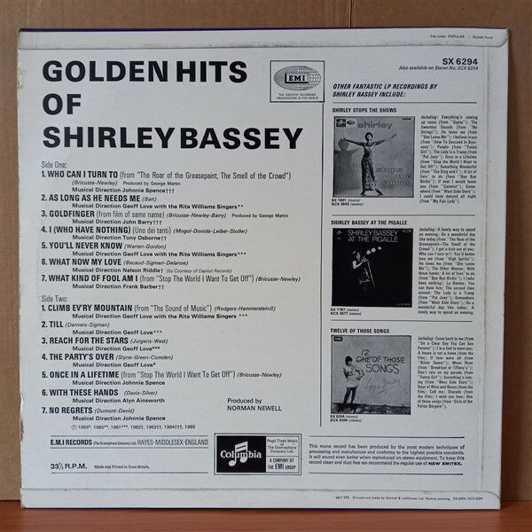 Shirley Bassey Golden Hits Of Shirley Bassey 1965 Lp 2el Plak