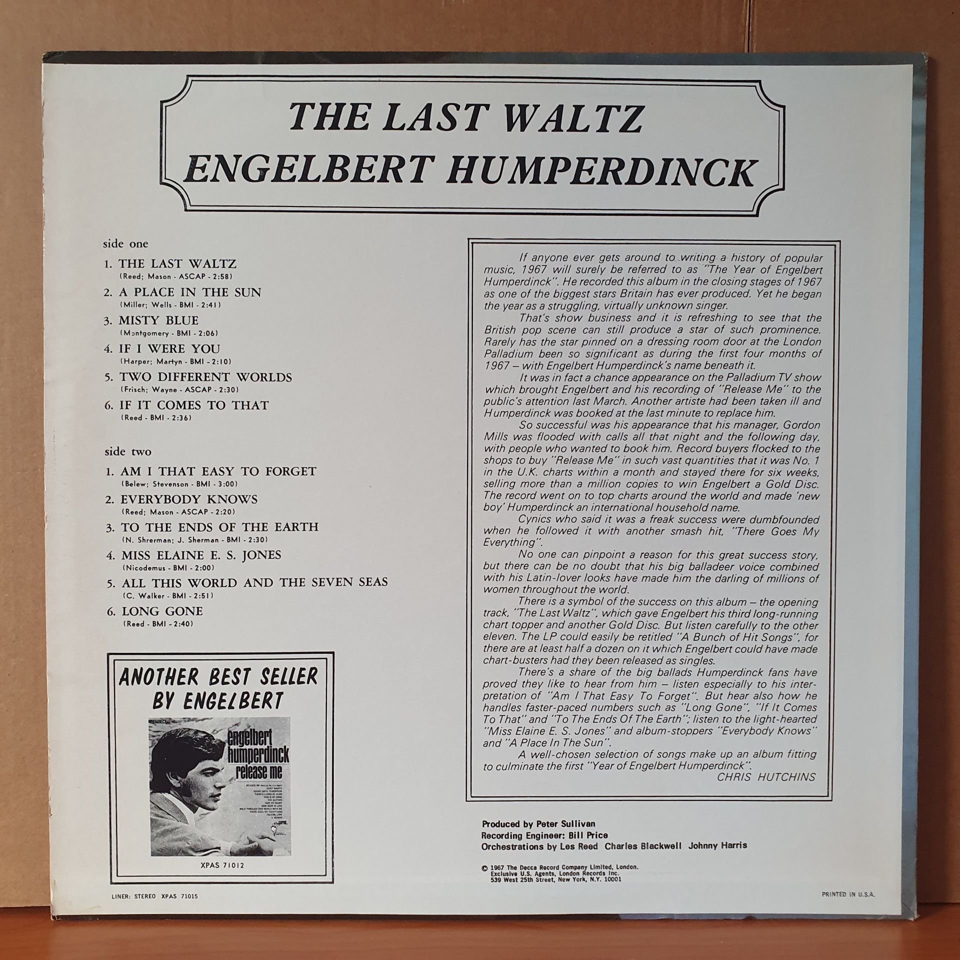 Engelbert Humperdinck The Last Waltz 1967 Lp 2el Plak