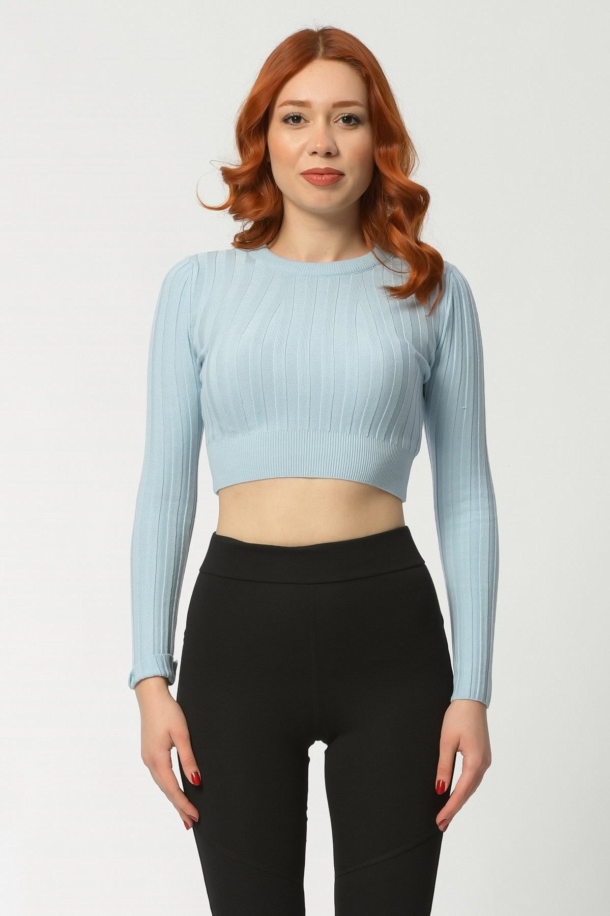 Lefon Bisiklet Yaka Örgü Üst - Mavi - Kadın Crop Top