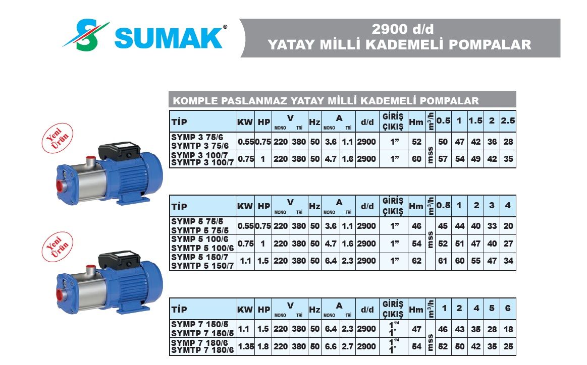 Sumak SYMP 5 100/6 1Hp 220V Komple Paslanmaz Yatay Milli Kademeli Pompa ...