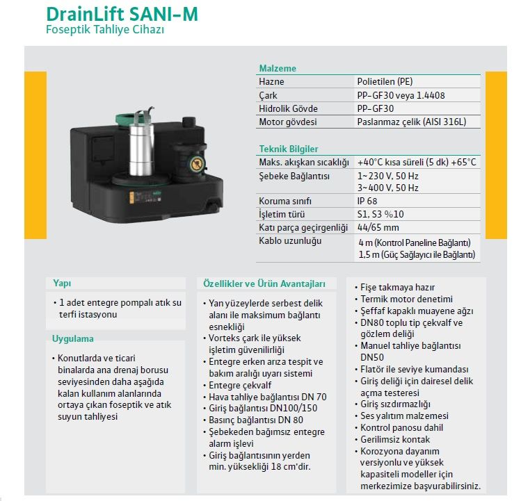 WİLO Drainlift SANI-M M.12M/1 1.1kW 220V ENTEGRE POMPALI FOSEPTİK ATIK ...