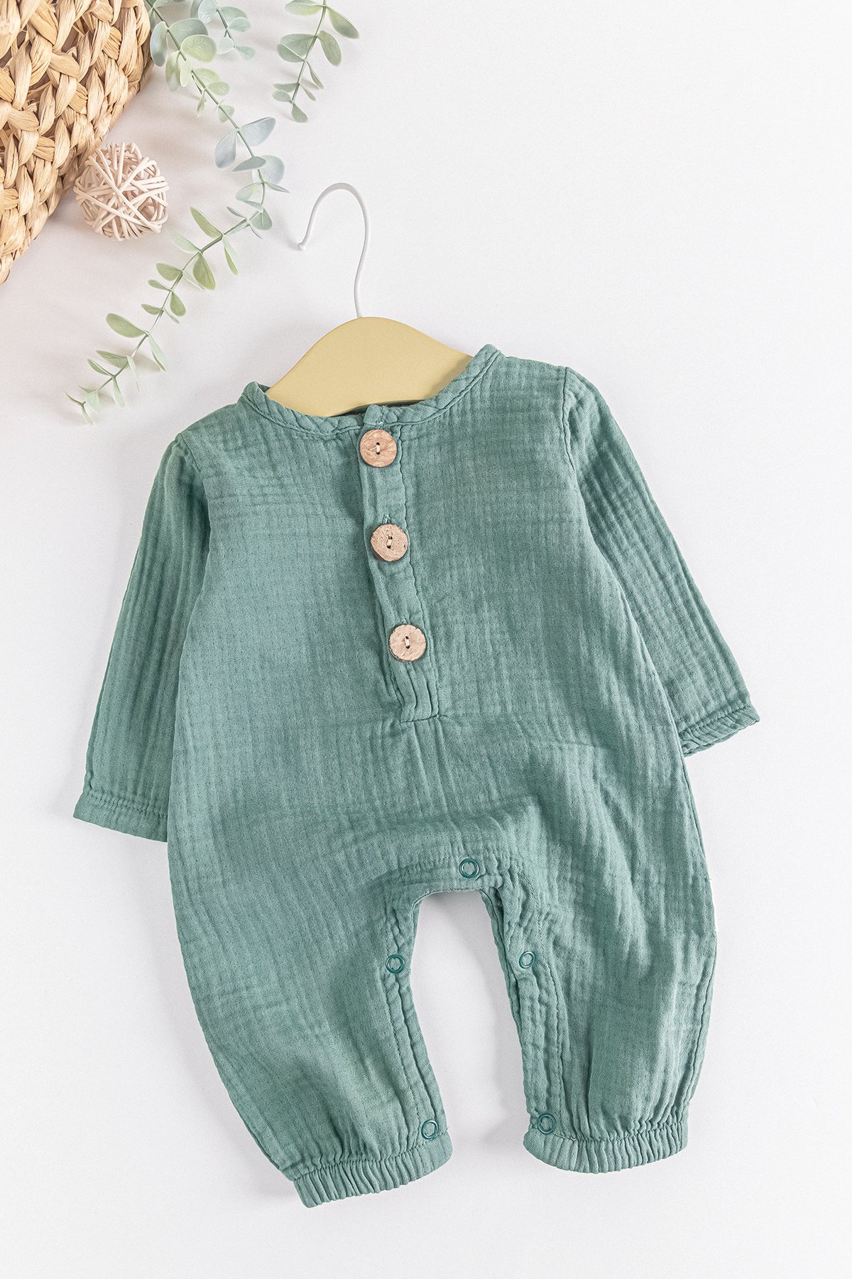 Bebek Tulumları | Yakası Düğmeli Müslin Erkek Bebek Tulum YEŞİL - 3-6 AY