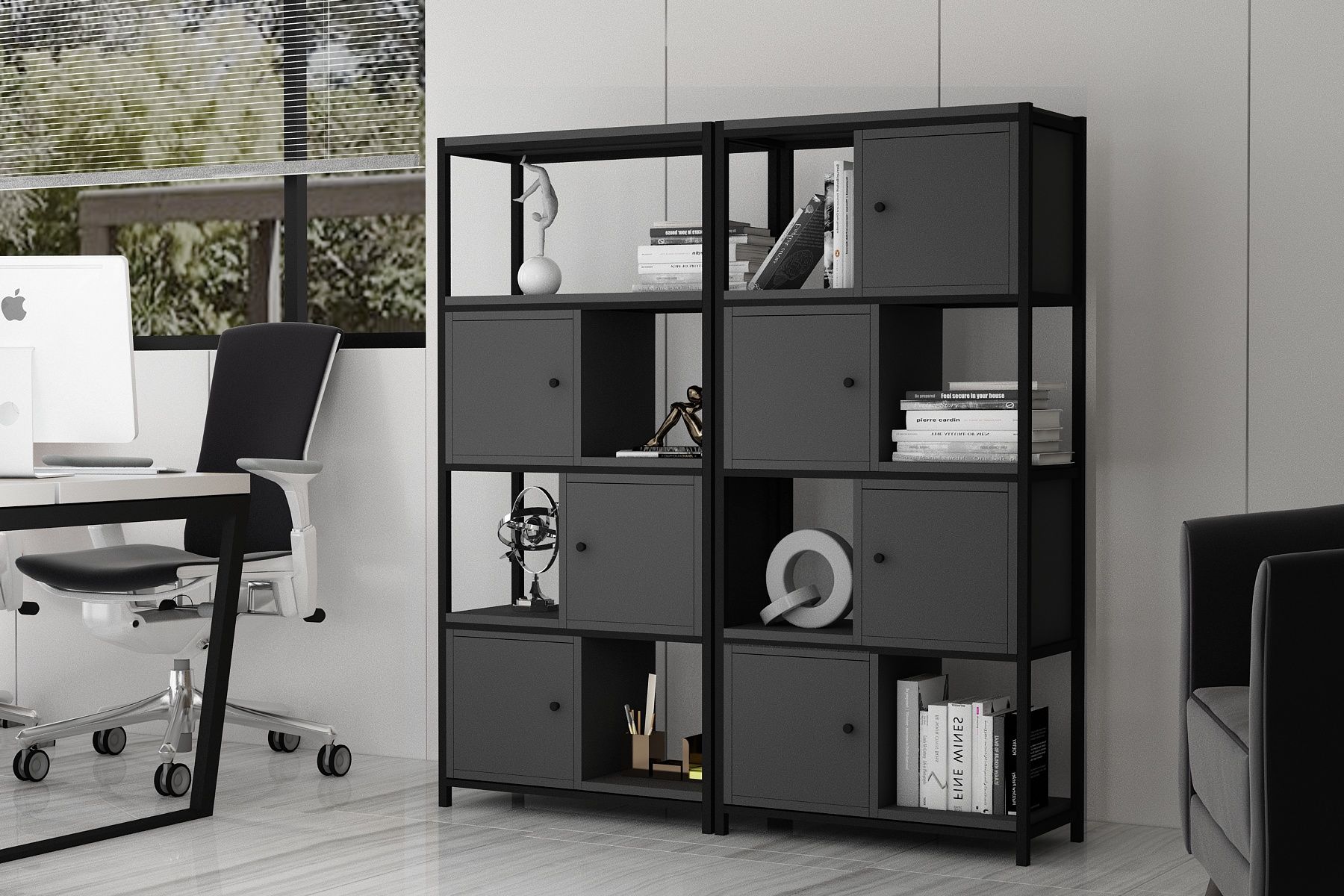 Raflı Dört Katlı Dolaplı Metal Kitaplık Antrasit 138 Cm MTL-KTP-1086-A