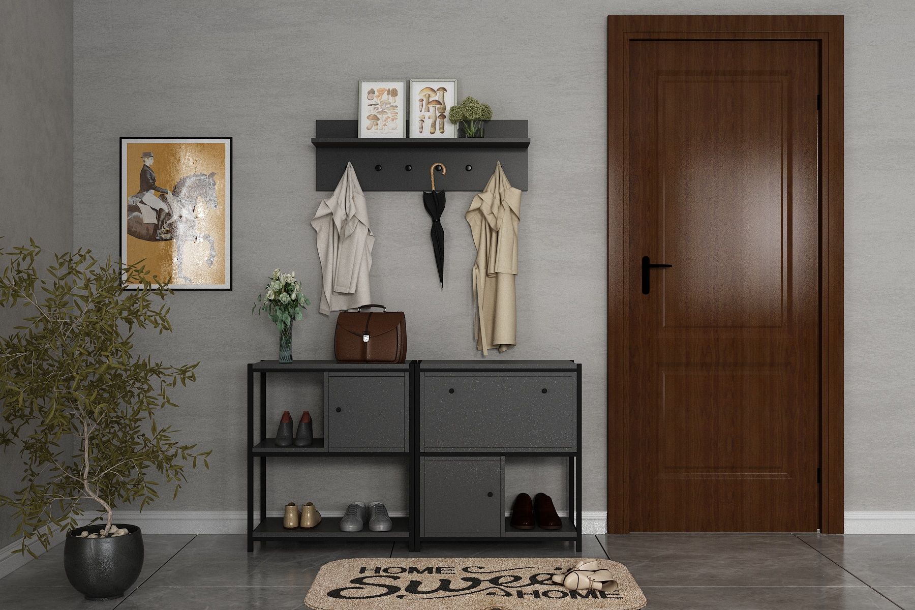 Raflı İki Katlı Düşer Kapaklı Dolaplı Askılıklı Metal Ayakkabılık ...