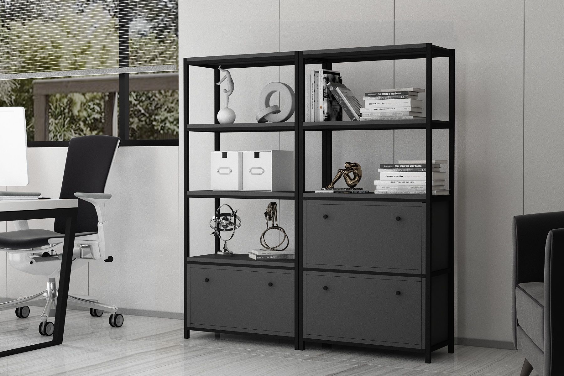 Raflı Dört Katlı Düşer Kapaklı Metal Kitaplık Antrasit 138 Cm MTL-KTP ...