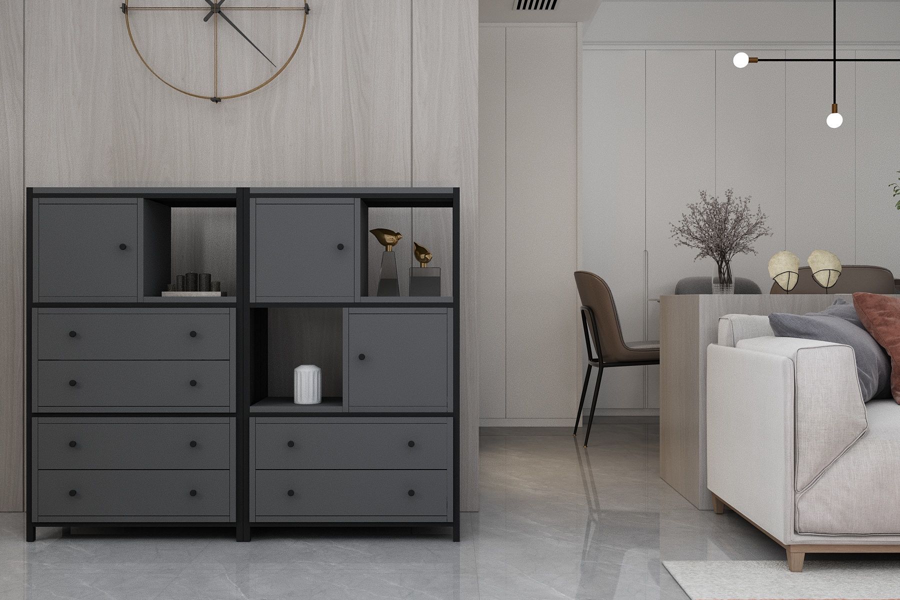 Raflı Üç Katlı Dolaplı Altı Çekmeceli Metal Konsol Antrasit 138 Cm MTL ...