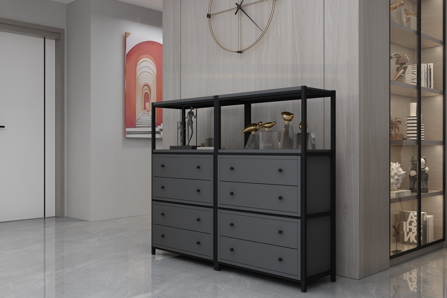 Raflı Üç Katlı Sekiz Çekmeceli Metal Konsol Antrasit 138 Cm MTL-KNS-1022-A