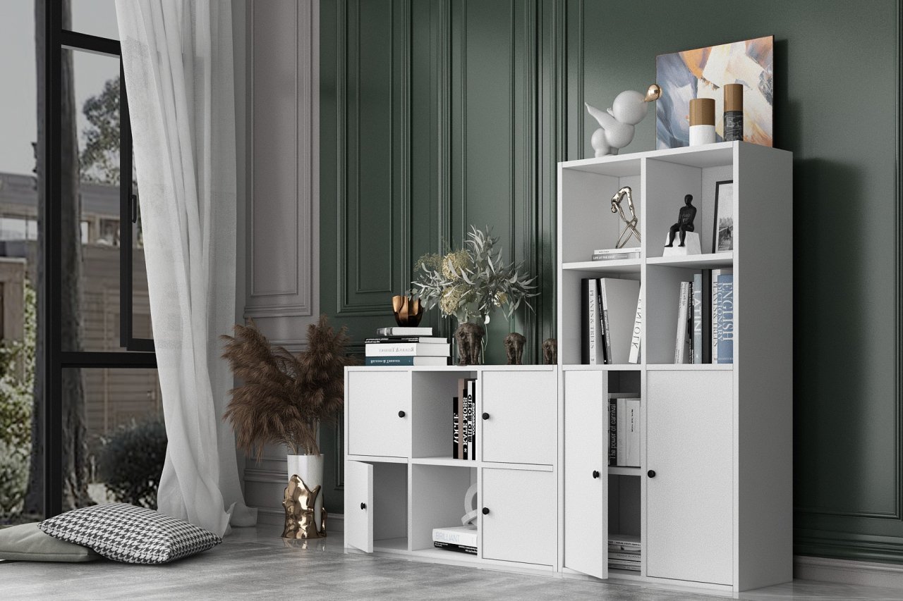 6 Kapakli Rafli Kitaplik 165 Cm Beyaz KTP-1442-Ç