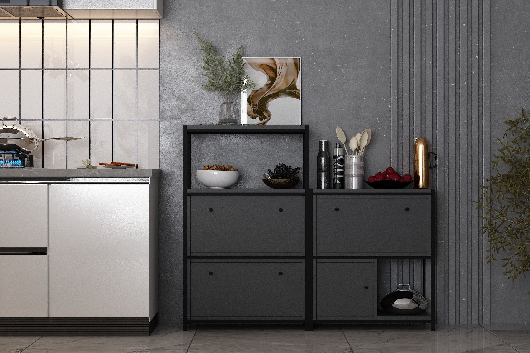 Raflı Üç Katlı Dolaplı Düşer Kapaklı Metal Çok Amaçlı Dolap Antrasit ...