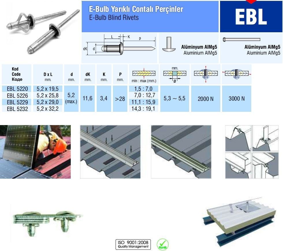 Alüminyum E-Bulb Contalı Yarıklı Perçin Güneş Paneli için 4.8x32.2 mm ...