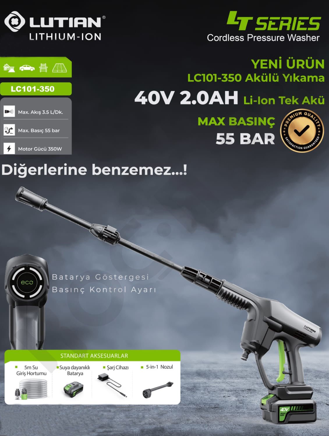 LUTIAN LC101-350 Akülü Oto Yıkama Makinesi - 40V 2AH Tek Akülü