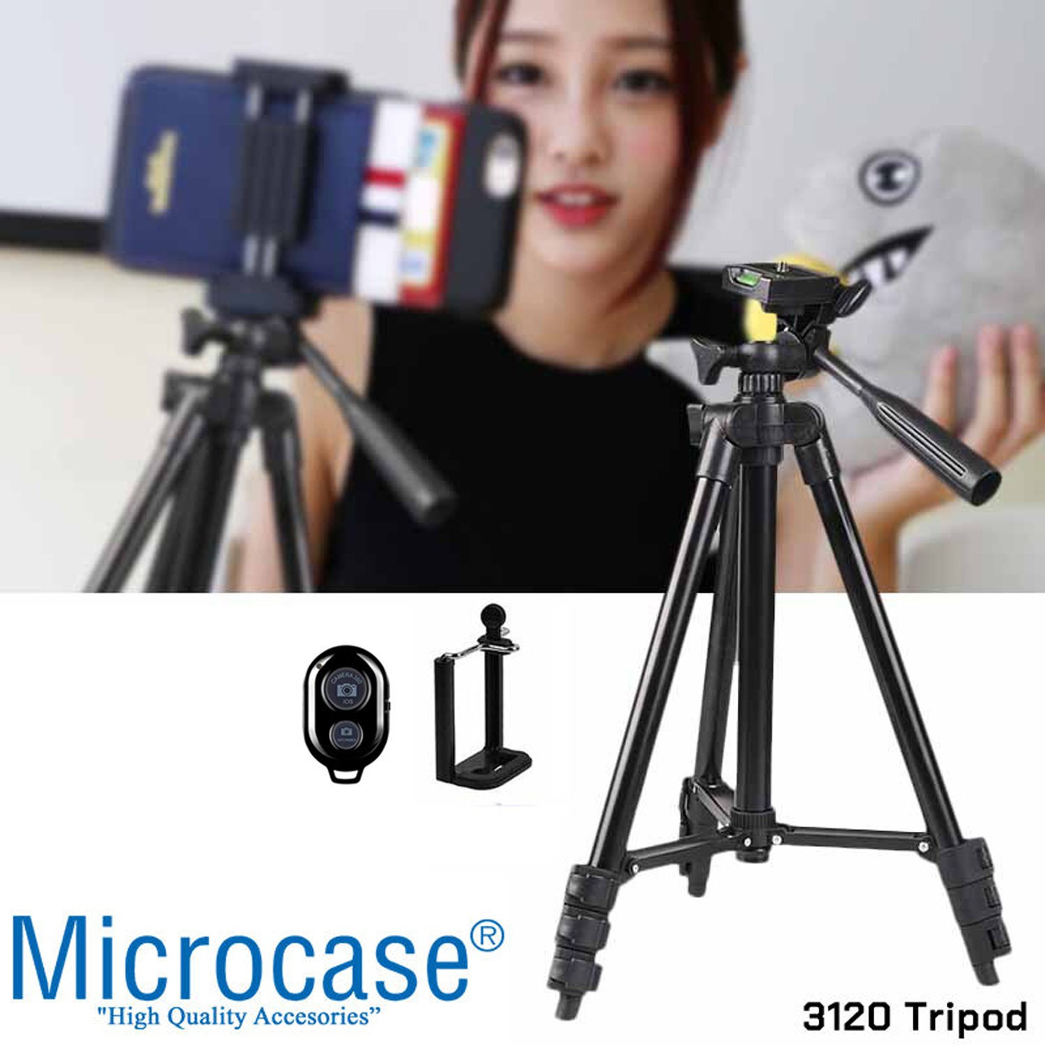 Microcase 3120A 3 Ayak Kamera Tripodu 102 cm Doner Ba l k Telefon Tutucu Bluetooth Kumanda
