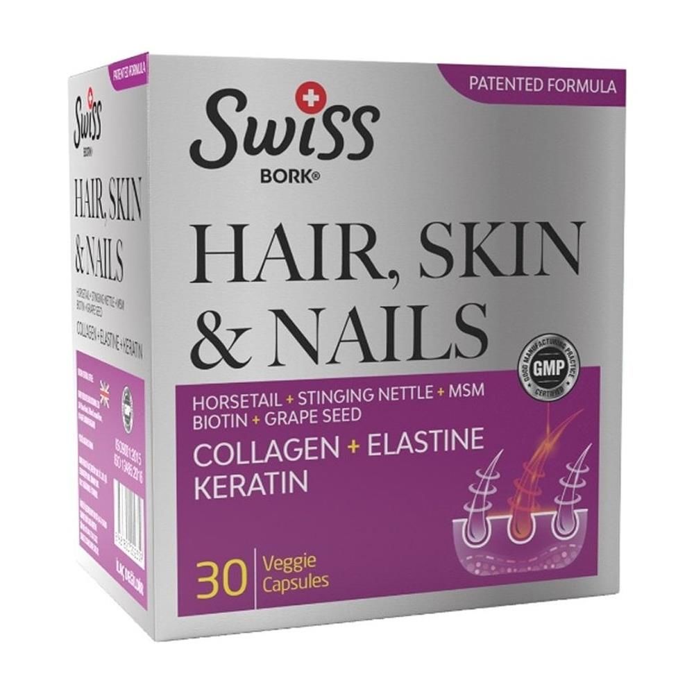 Swiss Bork Hair Skin & Nails 30 Kapsül | Collagen Elastine Keratin ...