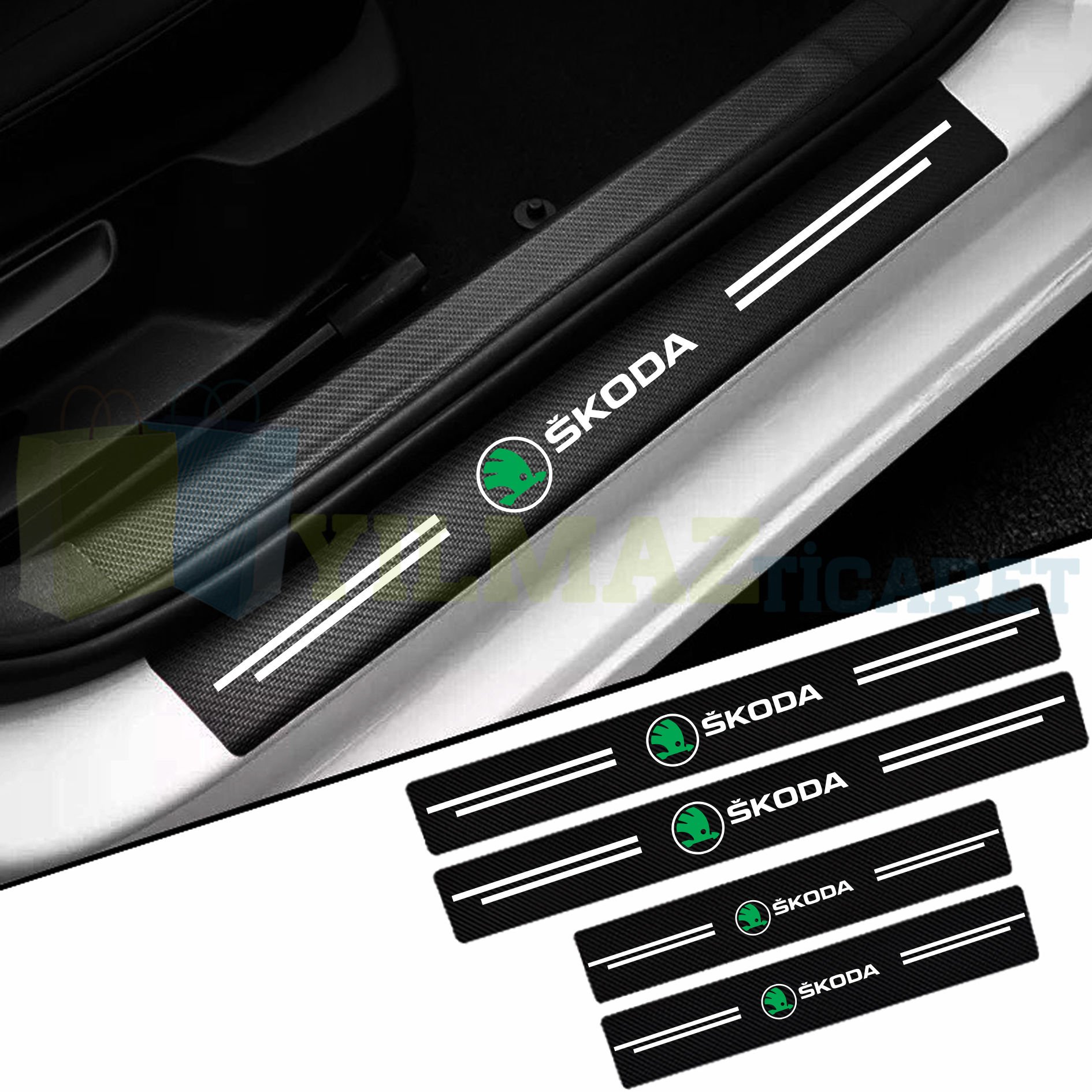 Skoda Logo Karbon Kapı Eşiği Koruma Araba Etiket Oto Sticker Yapıştırma ...