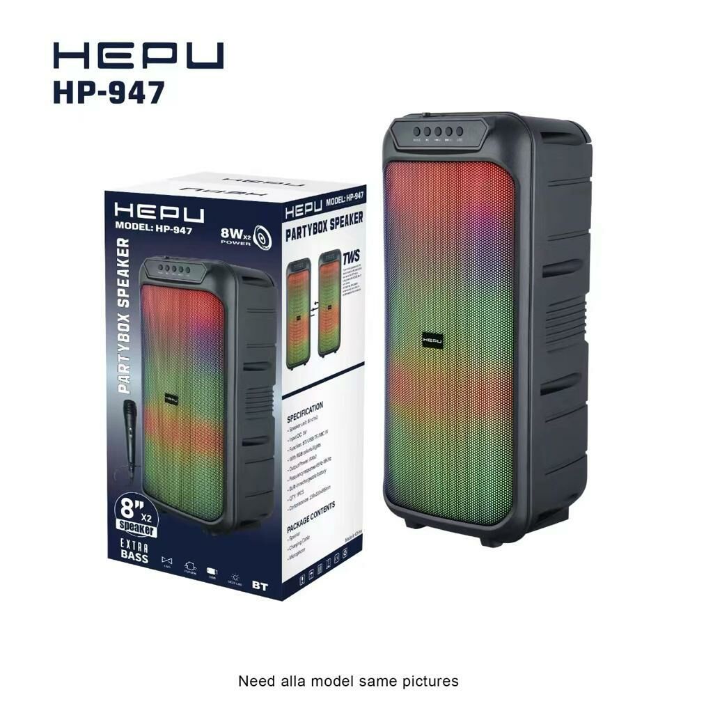 HEPU HP-947 2X8'' KABLOSUZ 1 EL MİKROFON BLUETOOTH USB ŞARJLI RGB IŞIKLI MÜZİK KUTUSU