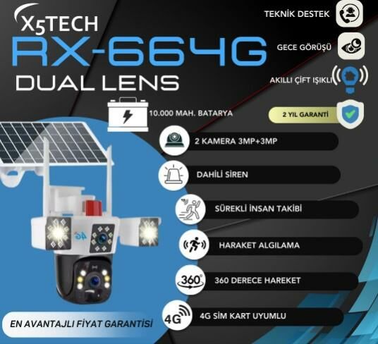 X5 TECH RX-664G 4 KAMERALI 4G SİM KARTLI SOLAR GÜNEŞ PANELLİ PTZ KAMERA