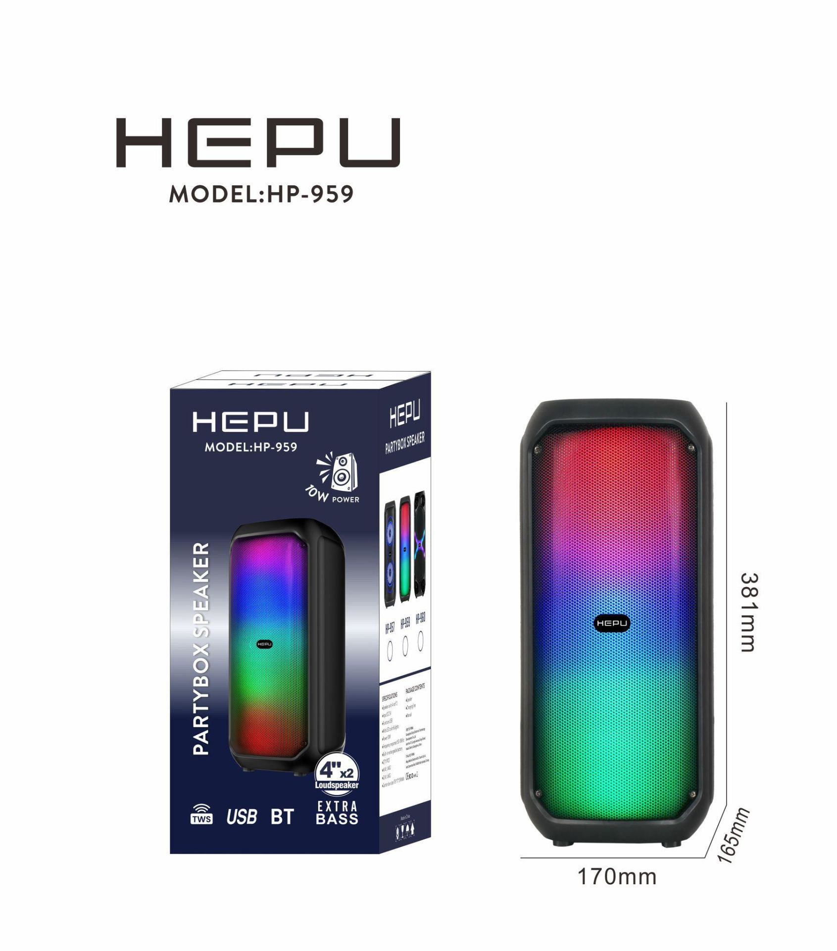 HEPU HP-959 RGB IŞIKLI 2X4'' BLUETOOTH USB MÜZİK KUTUSU