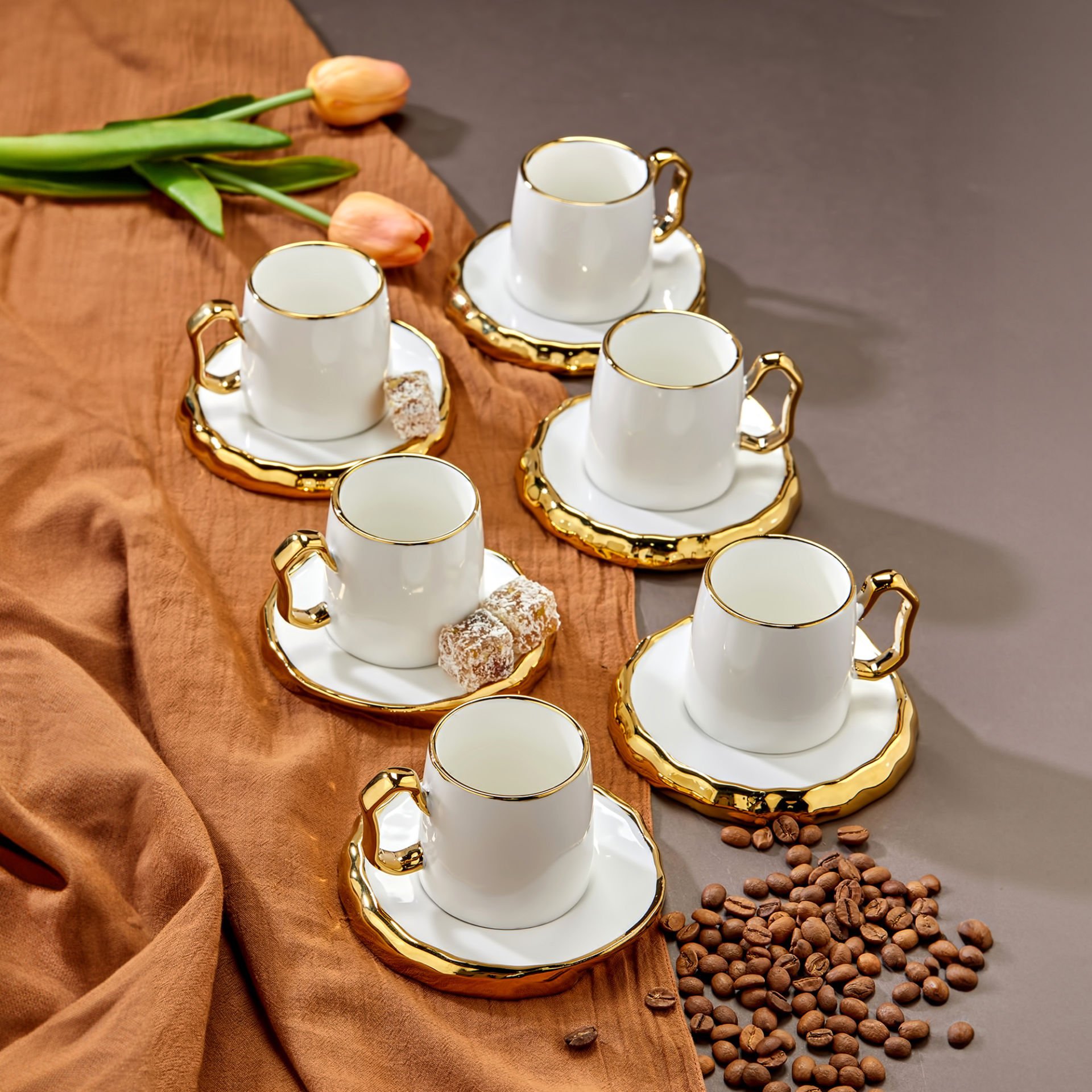 Vadi Home - Carmen 6 Kişilik Porselen Gold Detaylı Çay Takımı