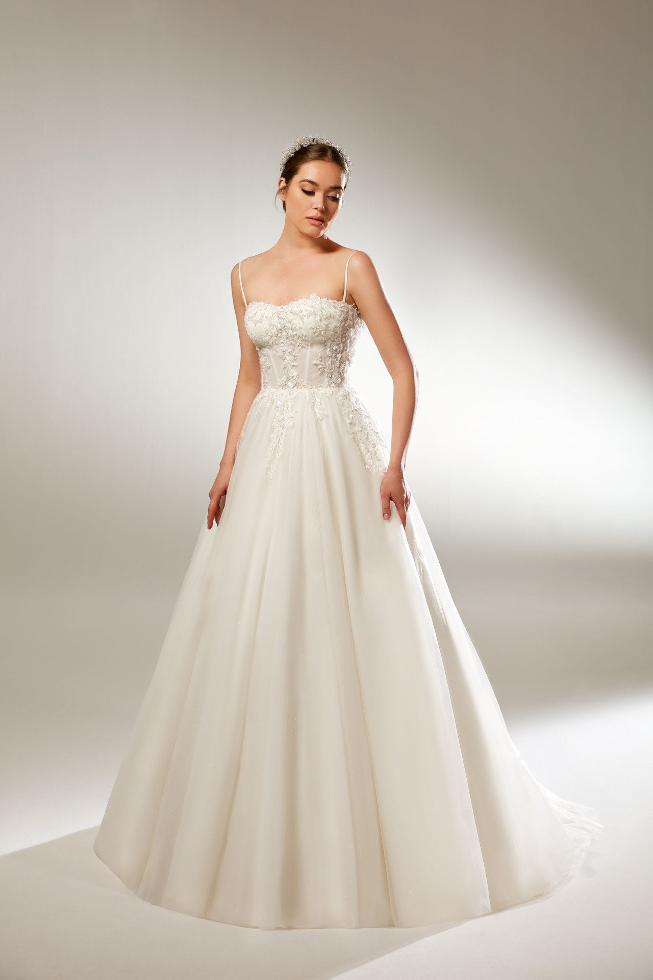 Draped, Shimmering Ruched, M-Neck, Thin Straps Helen Wedding Dress