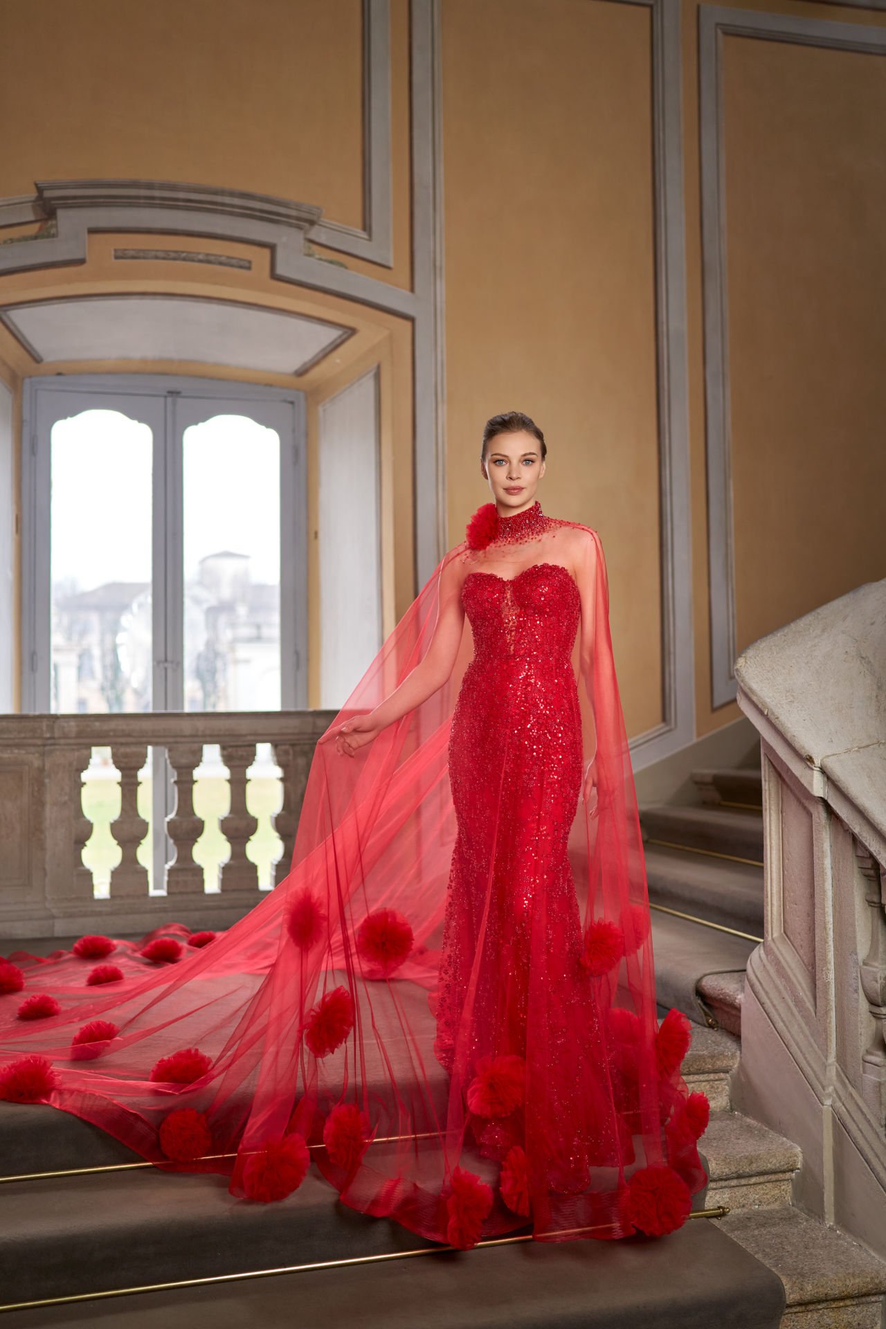 Embroidered, Cape-Length, Fish Cut Evening Dress Model - Red