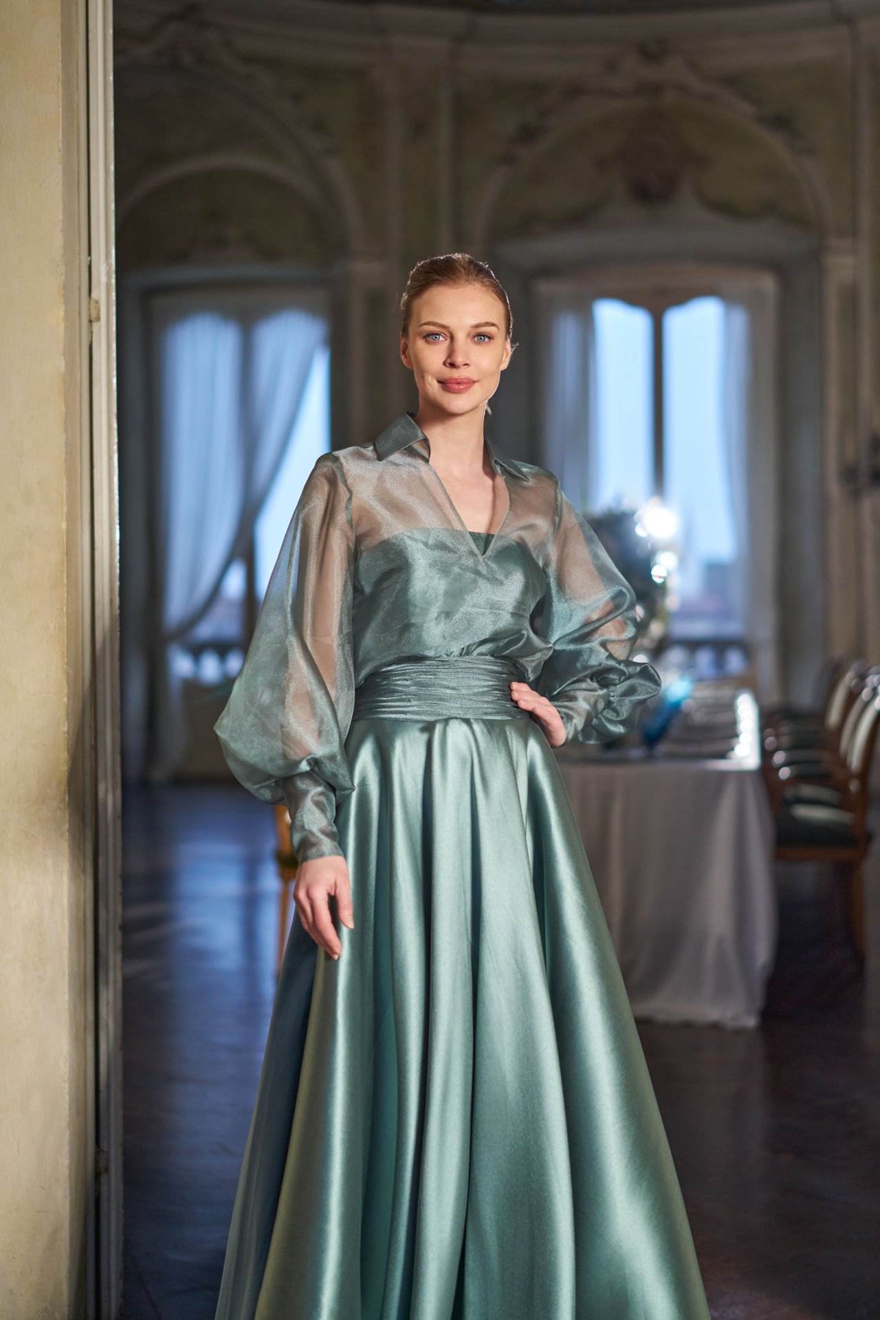 Draped Belt Detail, Flared Skirt, Balloon Sleeves, Collar, Body Detail ...