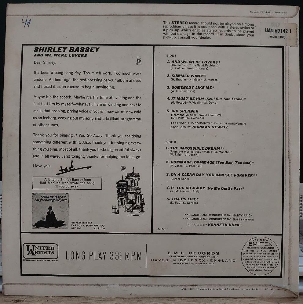 Shirley Bassey And We Were Lovers Lp Plak