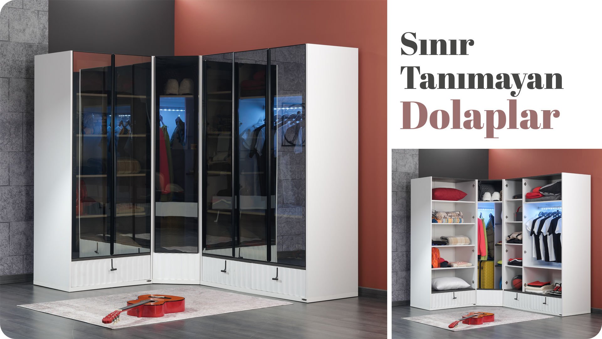 Cool Köşe Cam Kapaklı Dolap - Lajivert Genç Odası