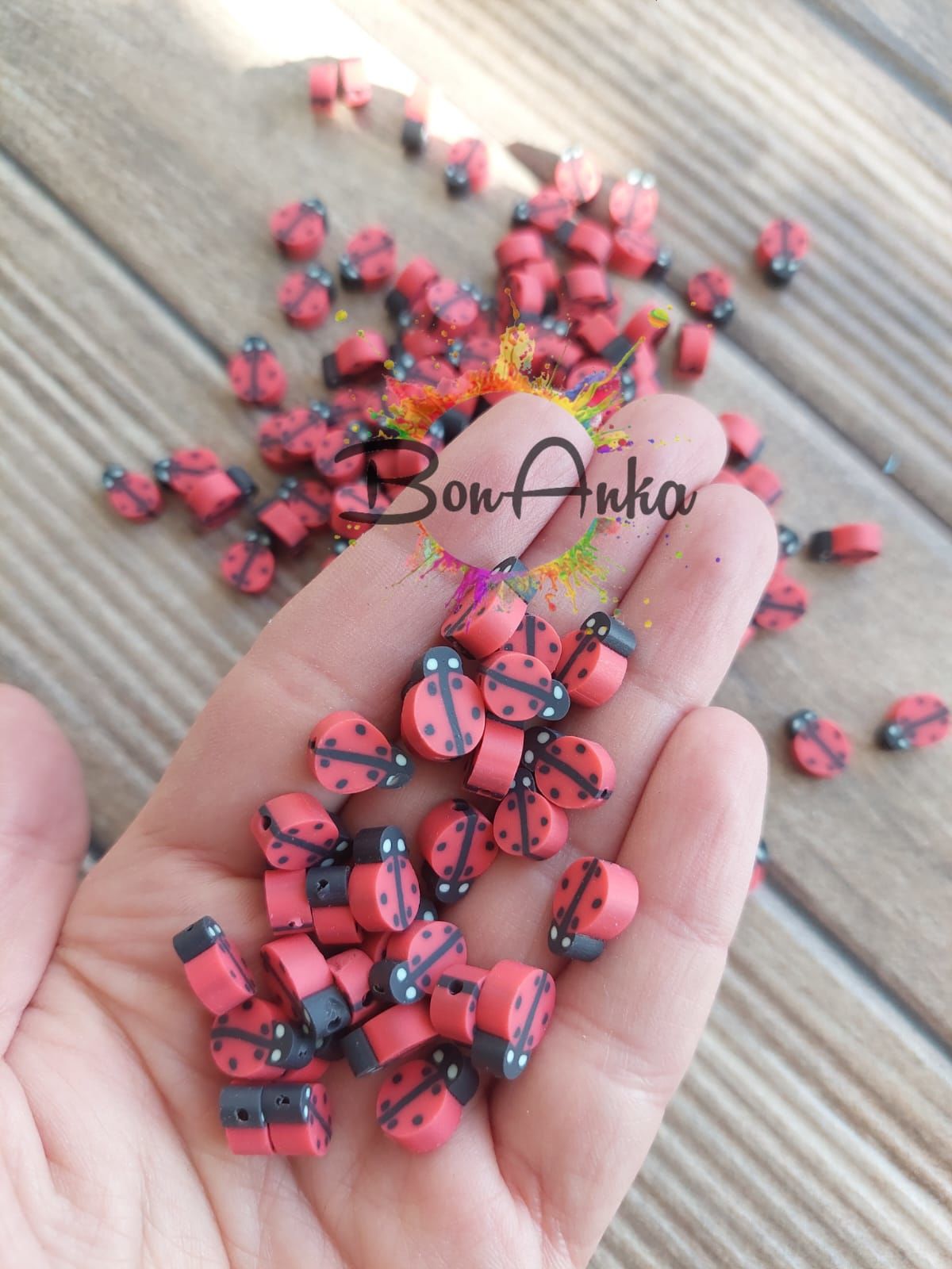 10 Adet - 1. Kalite Polimer Fimo Boncuk, Uğur Böceği Model Polimer Kil Boncuk