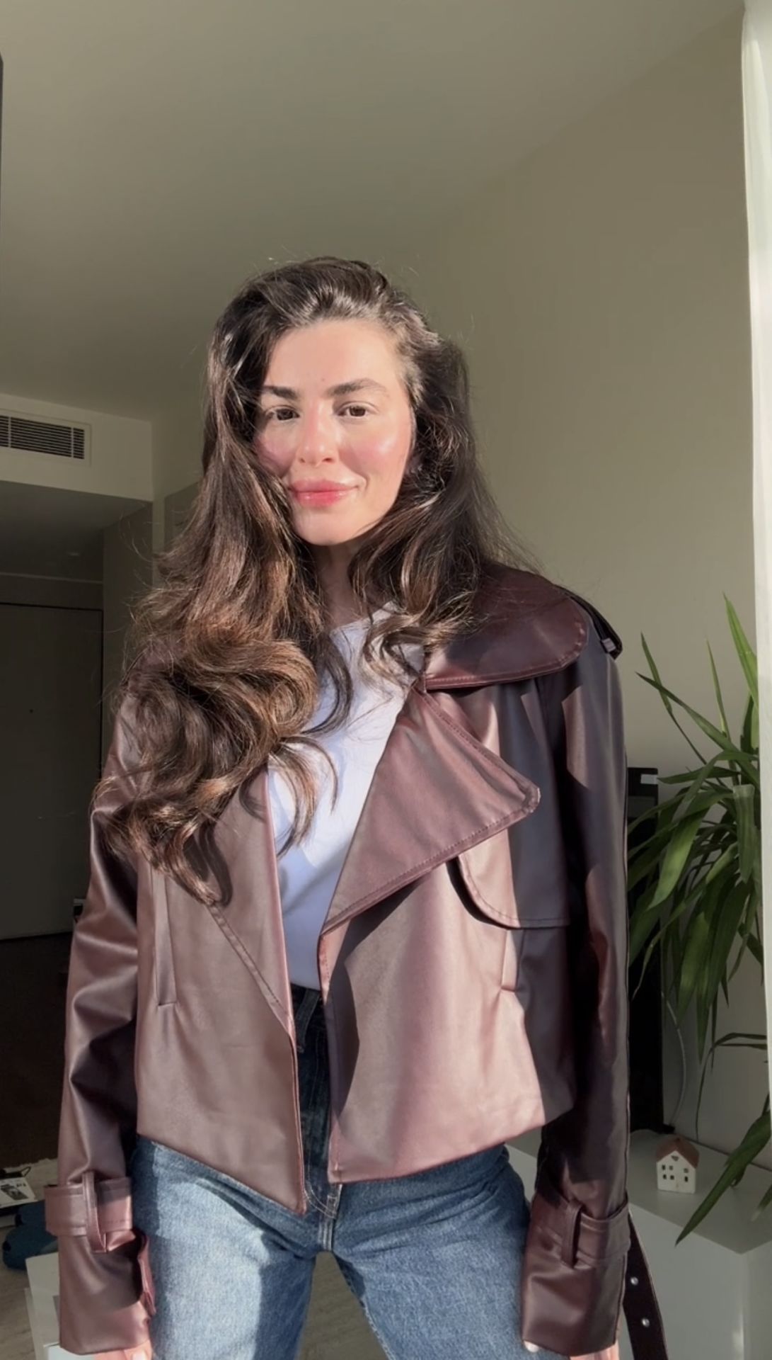 İçi astarlı chery rengi deri ceket S