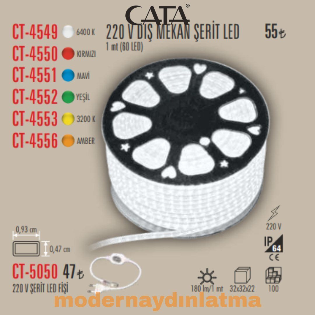 Cata CT 4551 220V Dış Mekan Hortum Şerit Led Mavi Işık