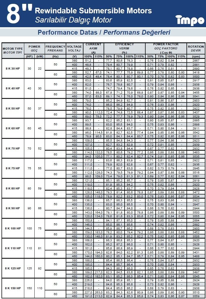 İmpo - 8'' Dalgıç Motoru - 90 HP (66 Kw) - Yıldız Üçgen