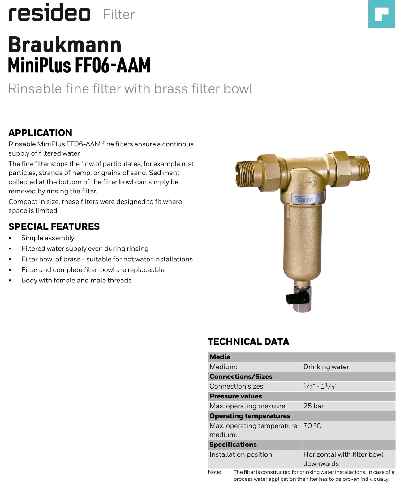 Honeywell FF06-1 AAM Komple Pirinç Sıcak Su Filtresi - 1''