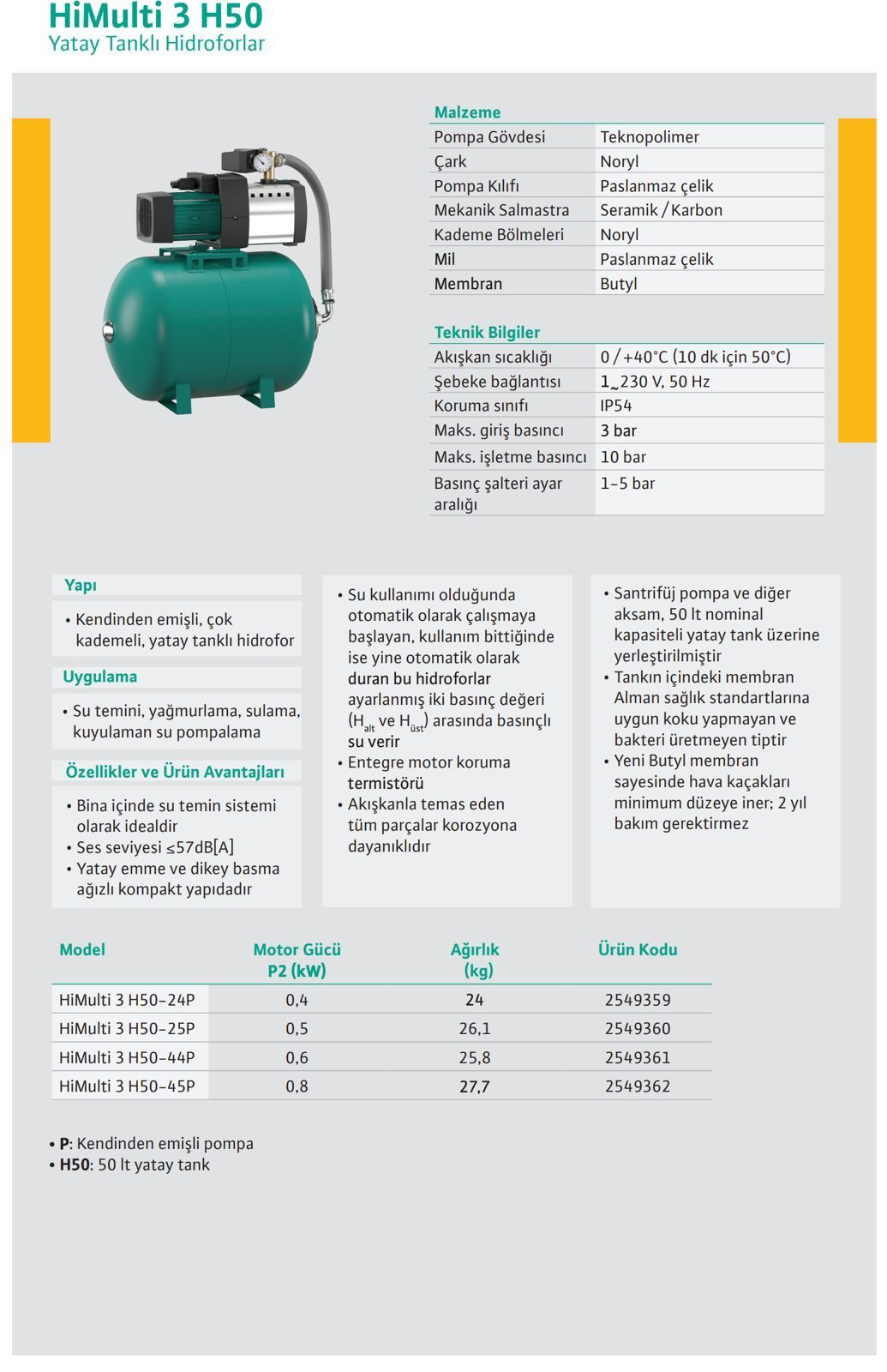 Wilo HiMulti 3 H50-45P /Hidrofor 50 Litre Tanklı / 5 Kat - 8 Daire - 1,1 Hp