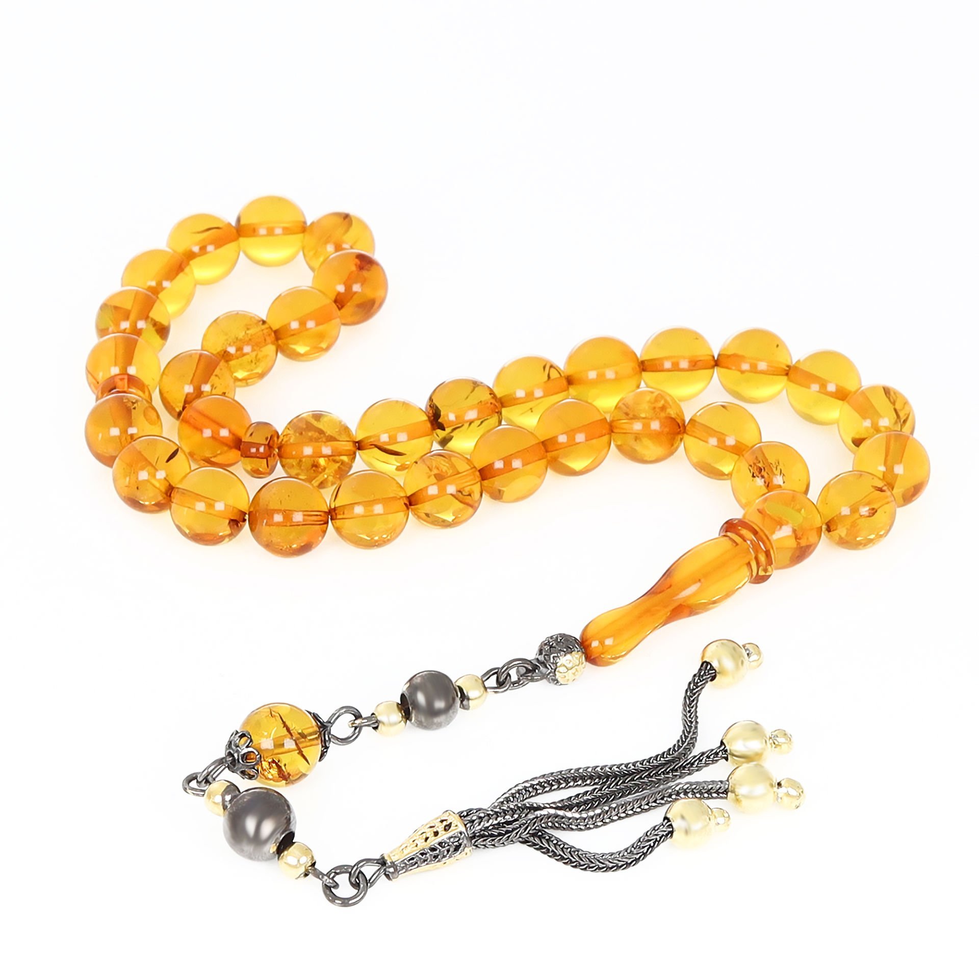 Gümüş Püsküllü Doğal Damla Kehribar Tesbih - Tesbihevim